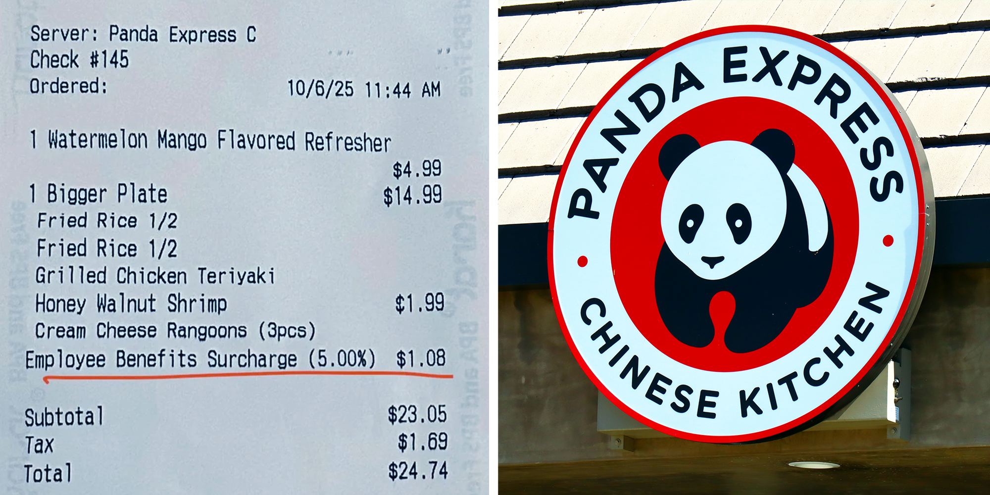 Panda Express Location added a 5% Employee Benefits Surcharge