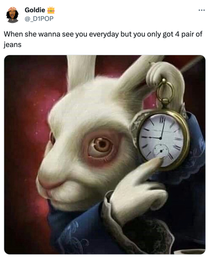 The “white rabbit pointing at a clock” meme explained: origins, meaning ...