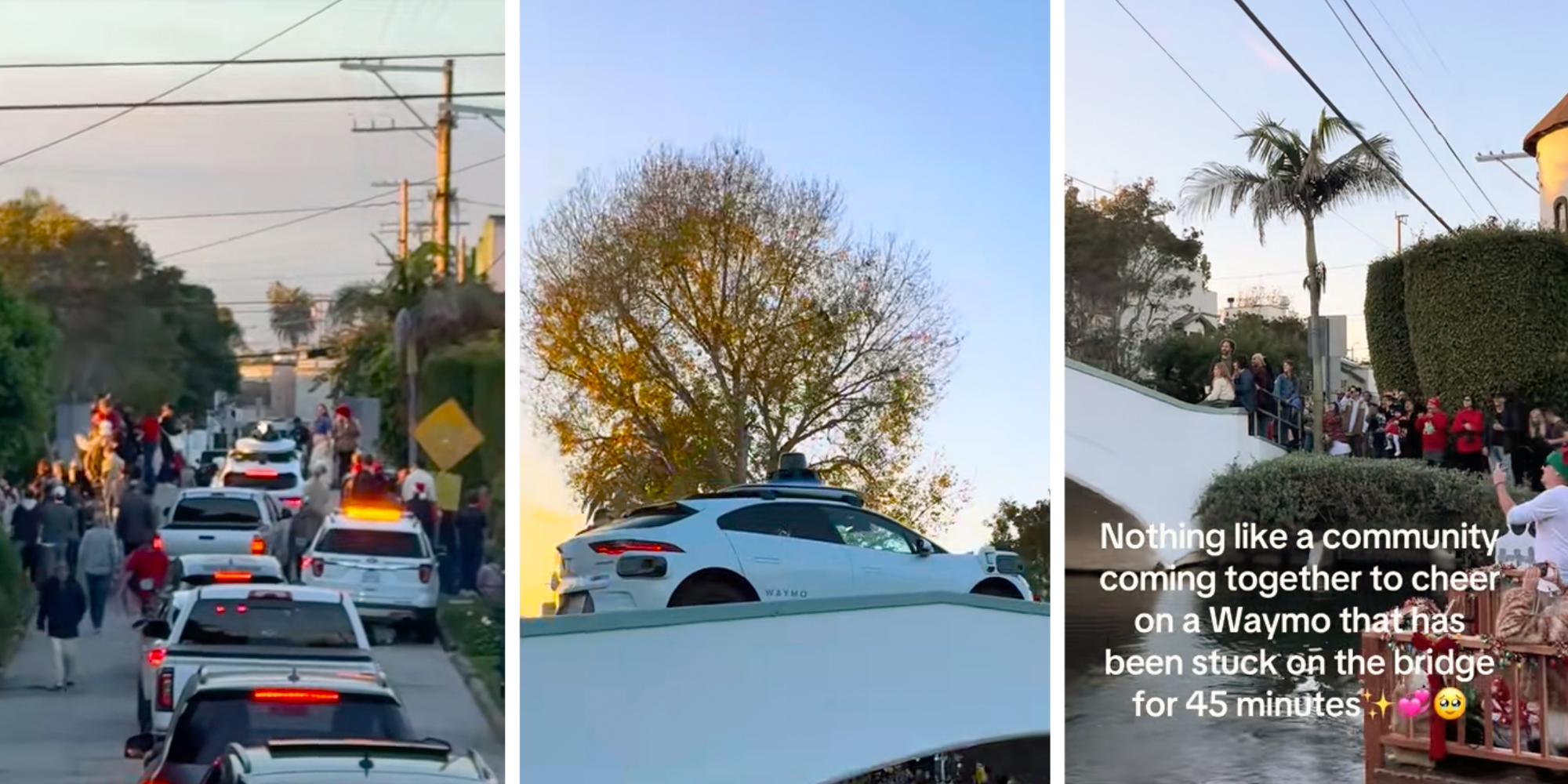 Venice Residents Cheer Waymo Car Stuck At A Canal Bridge