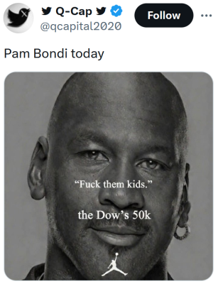 Pam Bondi’s “the Dow is over 50,000” deflection floods the meme market ...